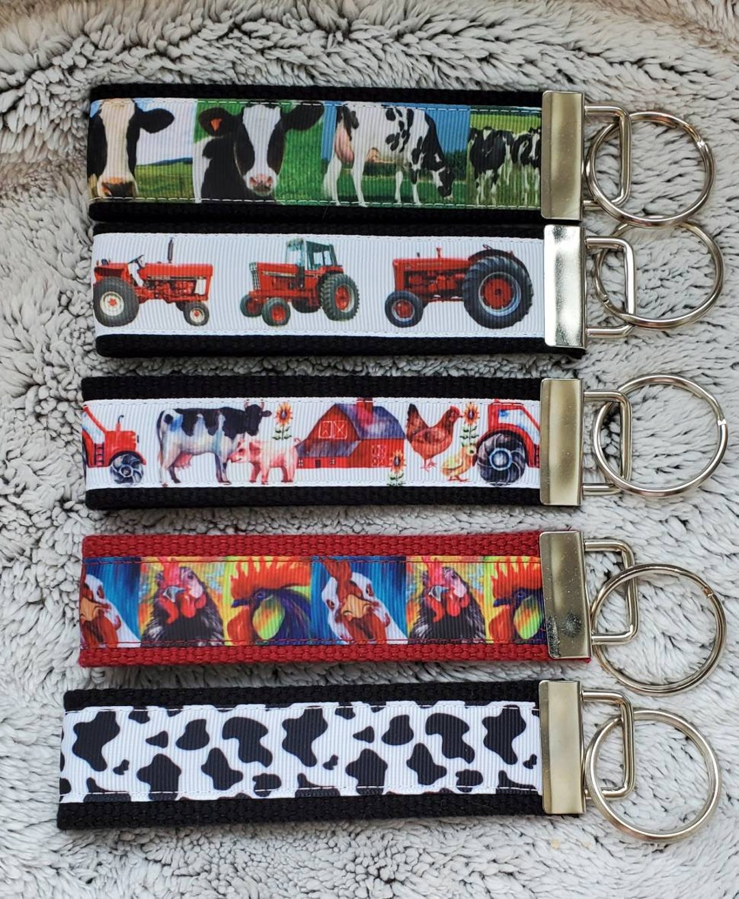 Farm Tractors Cows Chickens Roosters Barn Pigs Cow Hide Ribbon Key Fob ...