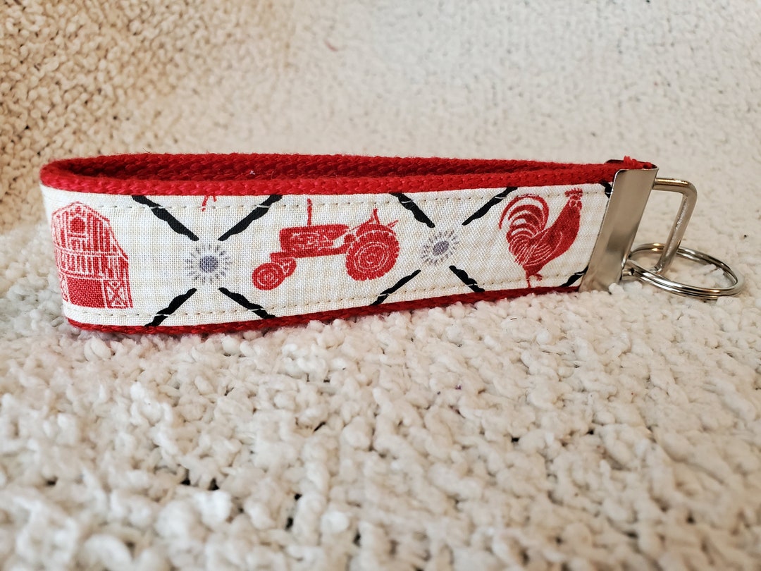 Farm Table Tractor Rooster Barn Wheat Country Cream Red OOAK Fabric Key ...