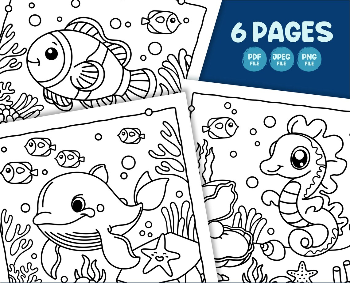 Kawaii Ocean Animals Coloring Pages for Kids and Adults, Cute Coloring ...
