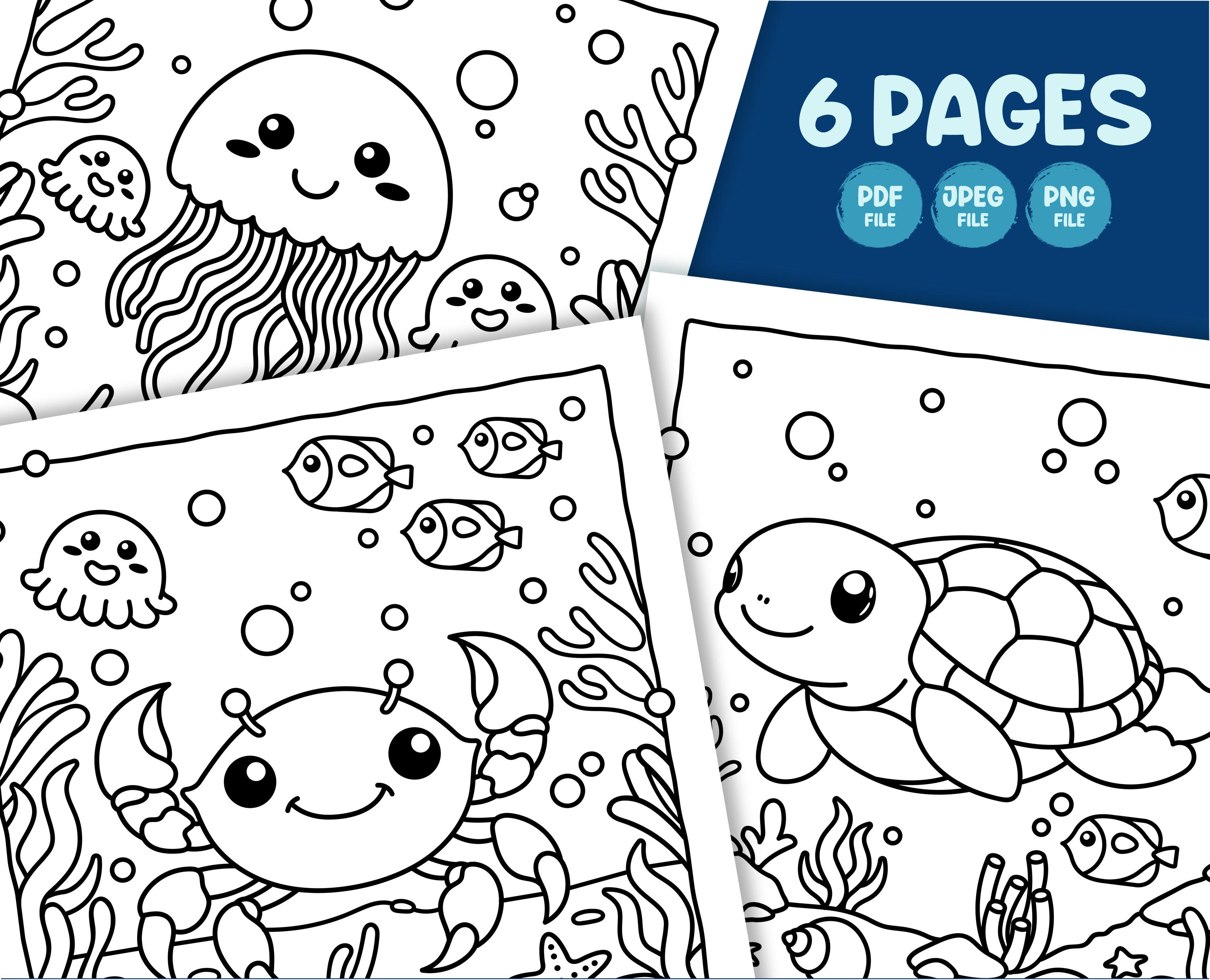 Kawaii Ocean Animals Coloring Pages for Kids and Adults, Cute Coloring ...
