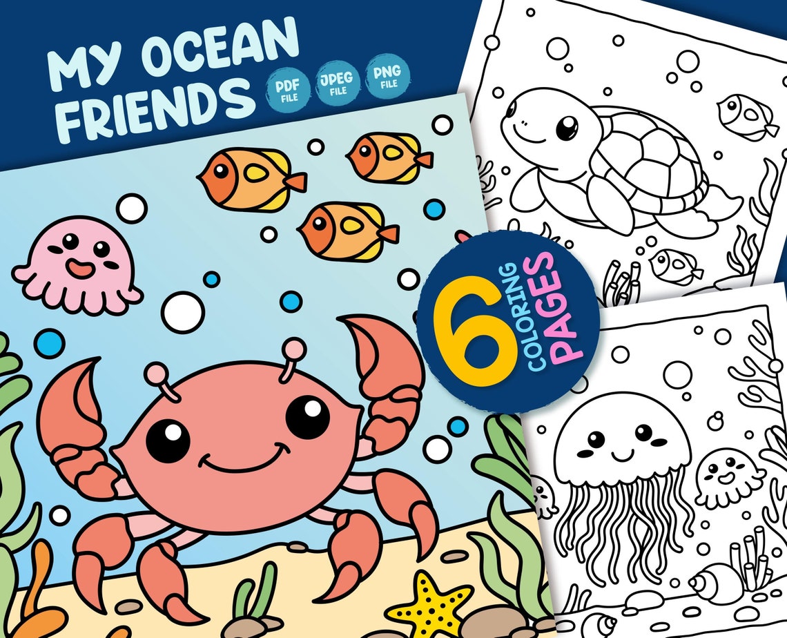Kawaii Ocean Animals Coloring Pages for Kids and Adults, Cute Coloring ...