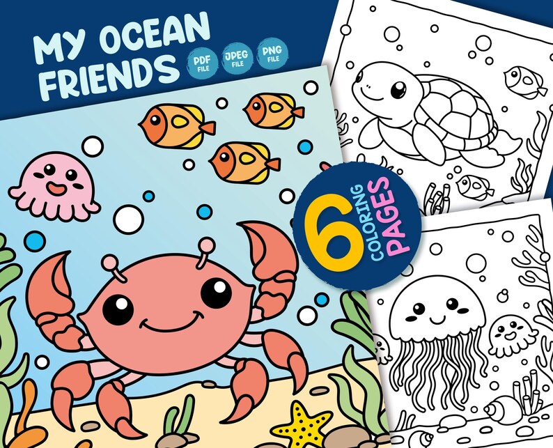 Kawaii Ocean Animals Coloring Pages for Kids and Adults, Cute Coloring ...