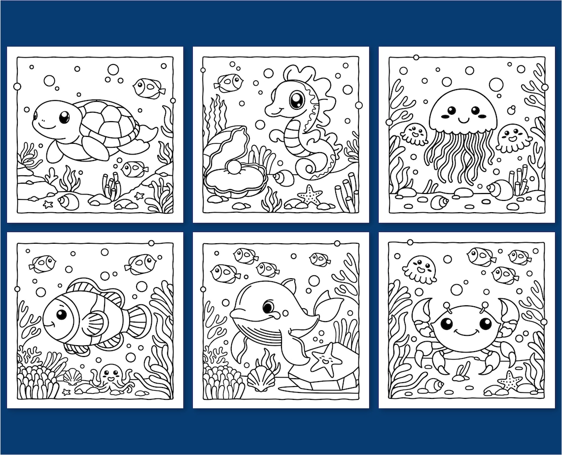 Kawaii Ocean Animals Coloring Pages for Kids and Adults, Cute Coloring ...