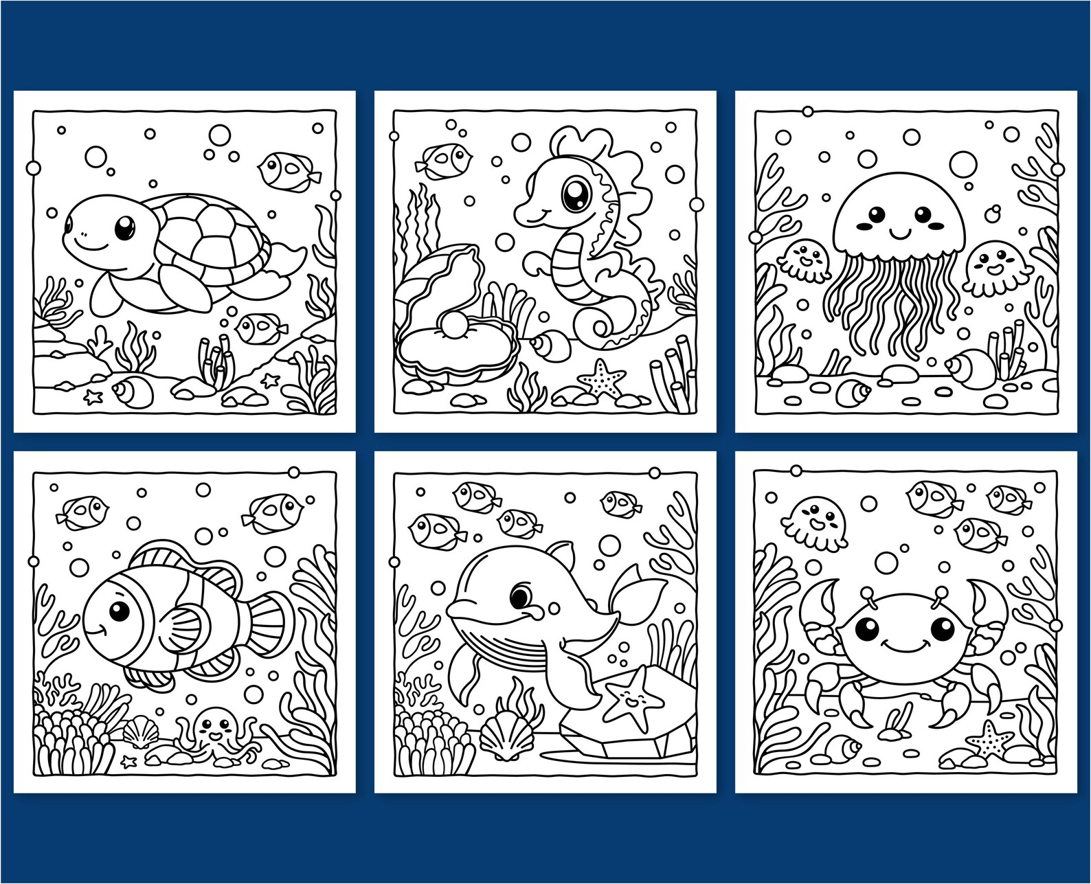Kawaii Ocean Animals Coloring Pages for Kids and Adults, Cute Coloring ...
