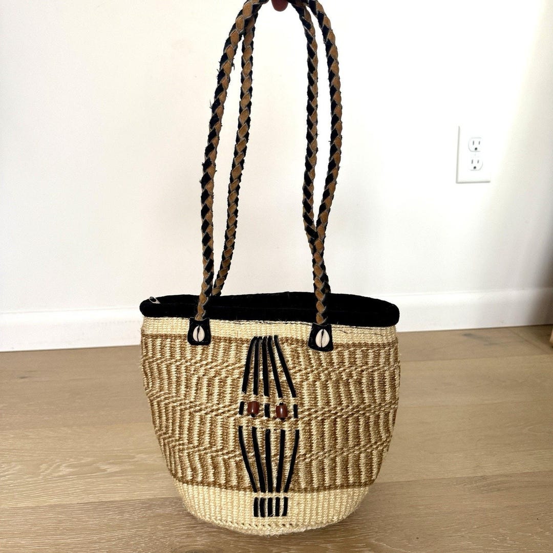 Vintage Kenyan Handwoven Tote Bag Kiondo Sisal Purse With Leather ...