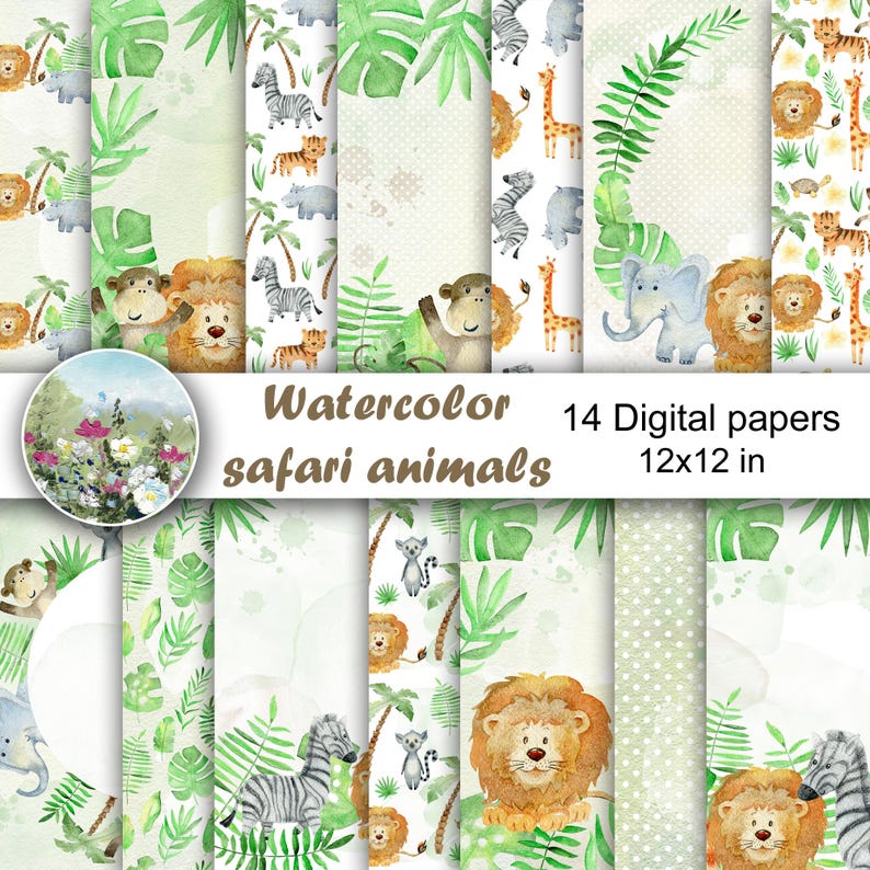 Watercolor Safari Animals, Digital Kids Seamless Patterns, Elephant ...