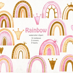 Watercolor Rainbow Clipart: Pink & Gold Crowns, Hearts (digital ...