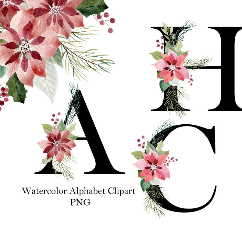 Christmas Poinsettia Alphabet, Black Letters and Numbers, Monogram ...