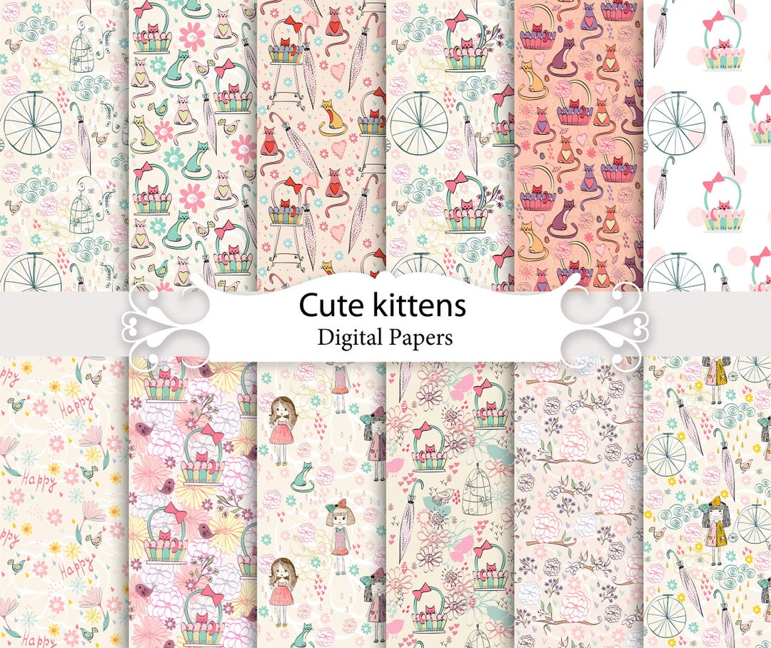Cute Cats Papers, Kids Paper Pack, Seamless Patterns for Girl, Cute ...