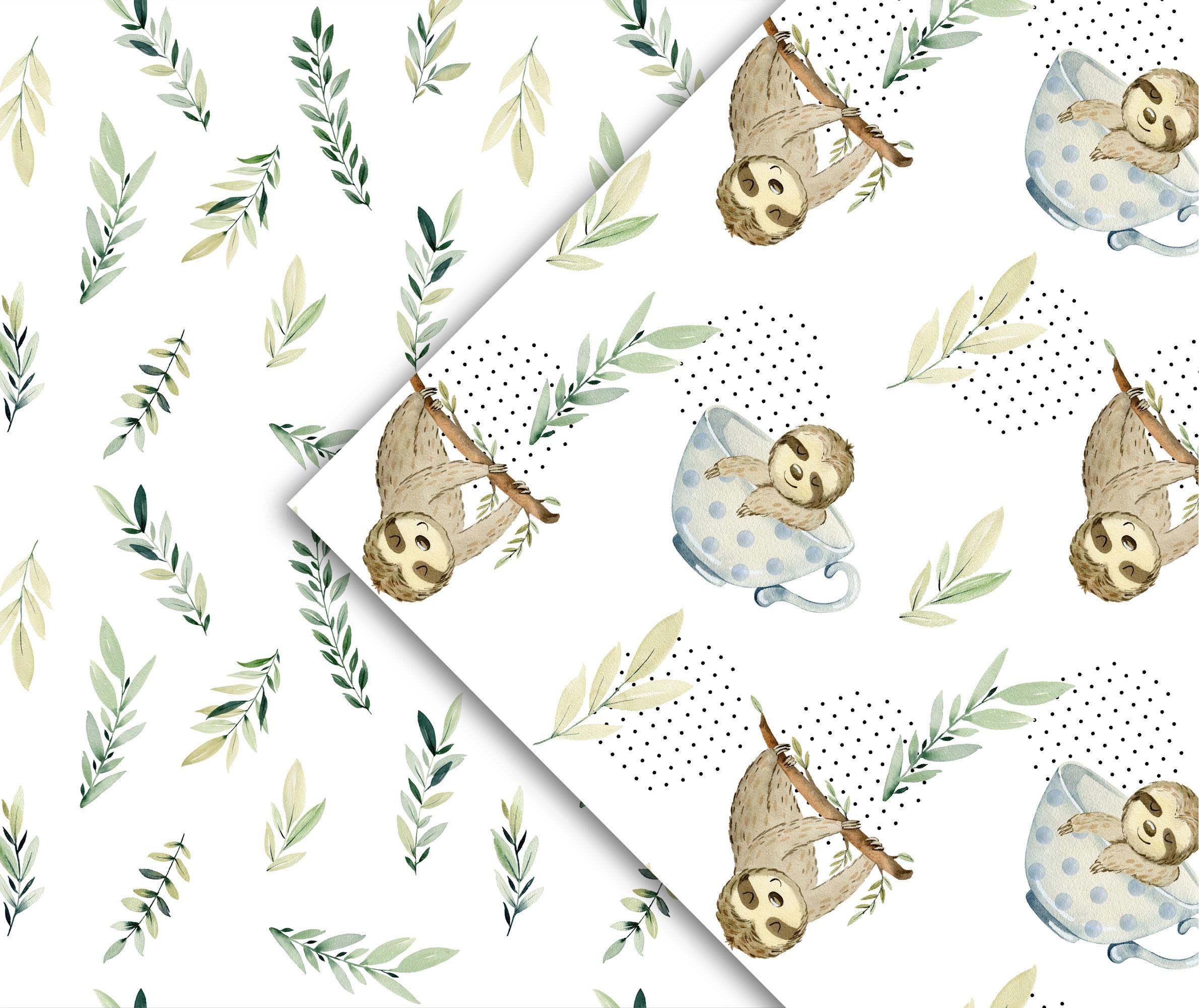 Watercolor Sloths Papers, Kids Seamless Patterns, Leaves, Scrapbook ...