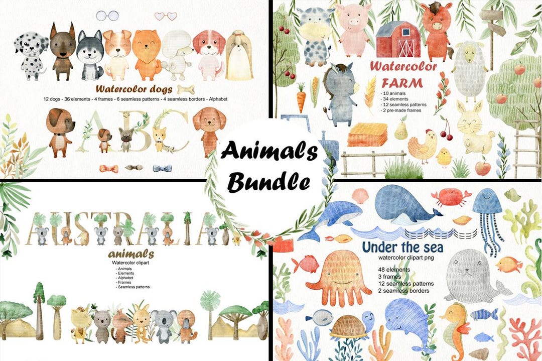 Watercolor Animals Bundle, Farm Animals, Dogs Png, Kids Alphabet ...