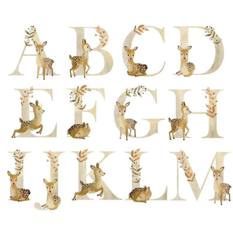 Watercolor Deer Alphabet Clipart, Brown Letters and Numbers, Baby ...