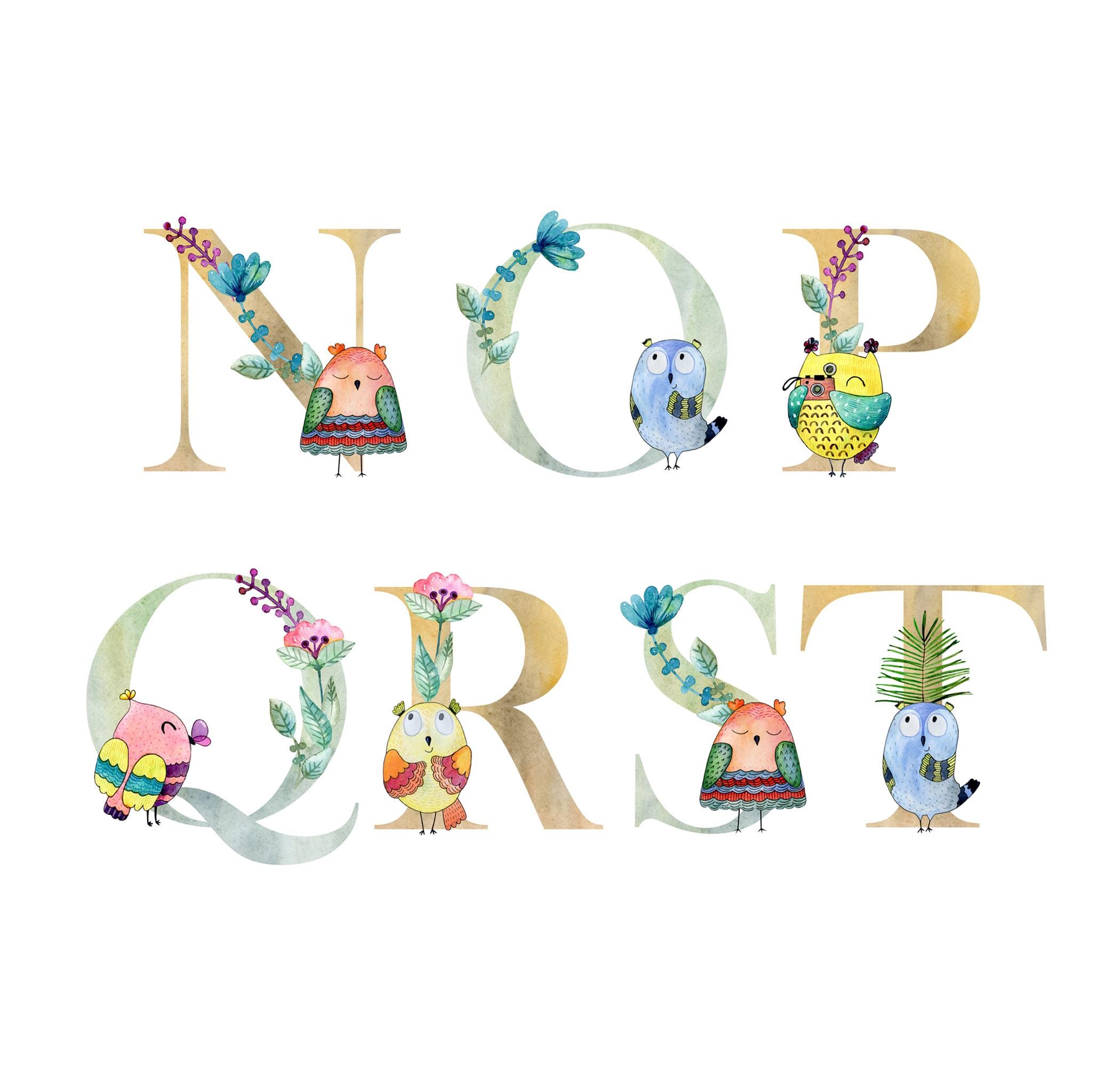 Watercolor Owls Alphabet, Cute Letters and Numbers, Monogram, Name ...