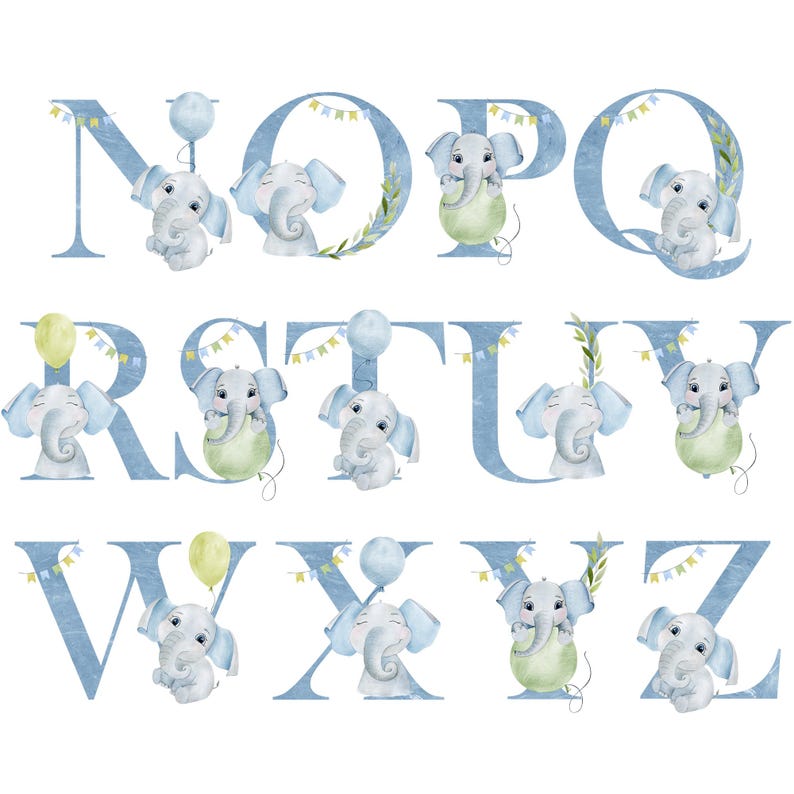 Watercolor Cute Elephants Alphabet Clipart, Cartoon Animals Letters and ...