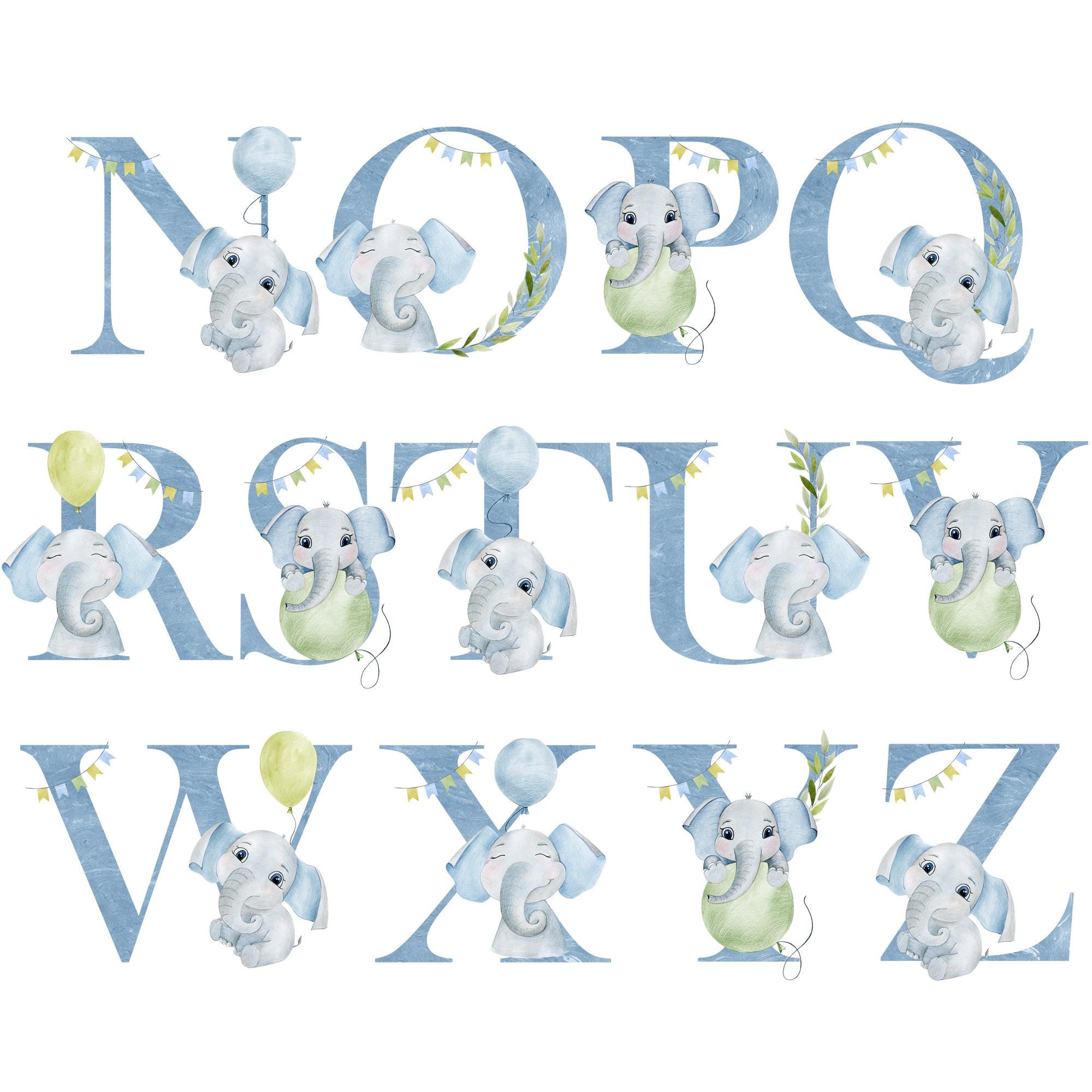 Watercolor Cute Elephants Alphabet Clipart, Cartoon Animals Letters and ...