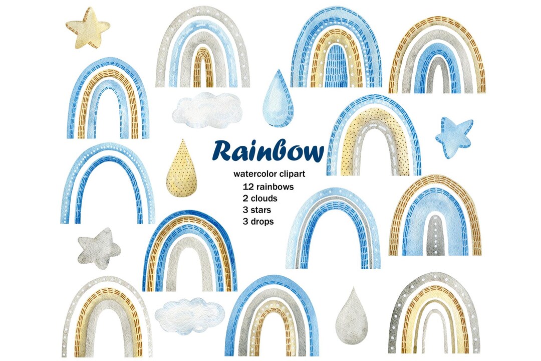 Watercolor Blue Rainbow Clipart, Kids Rainbow Clipart, Boy Nursery Art ...