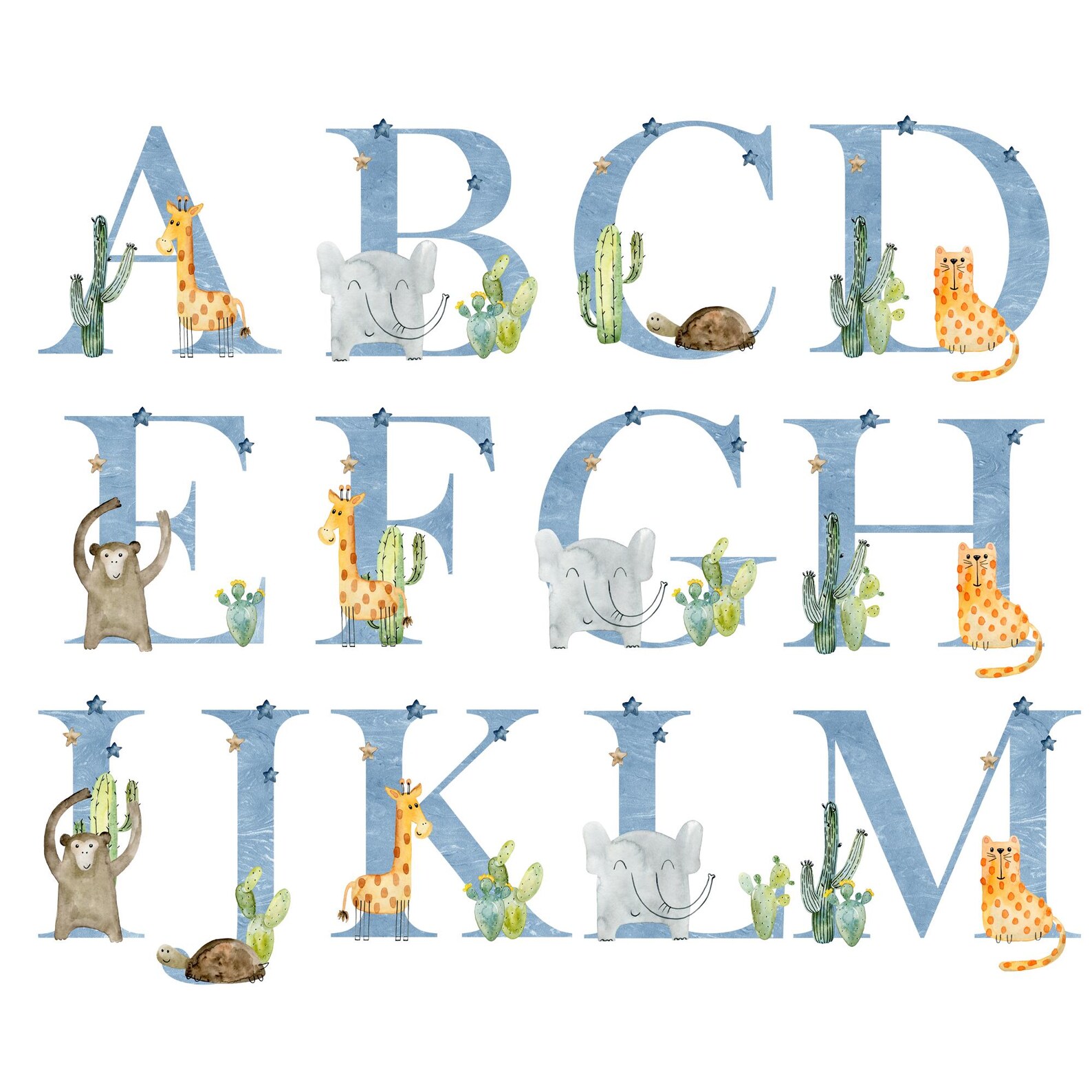 Watercolor Safari Animals Alphabet Clipart, Blue Letters and Numbers ...