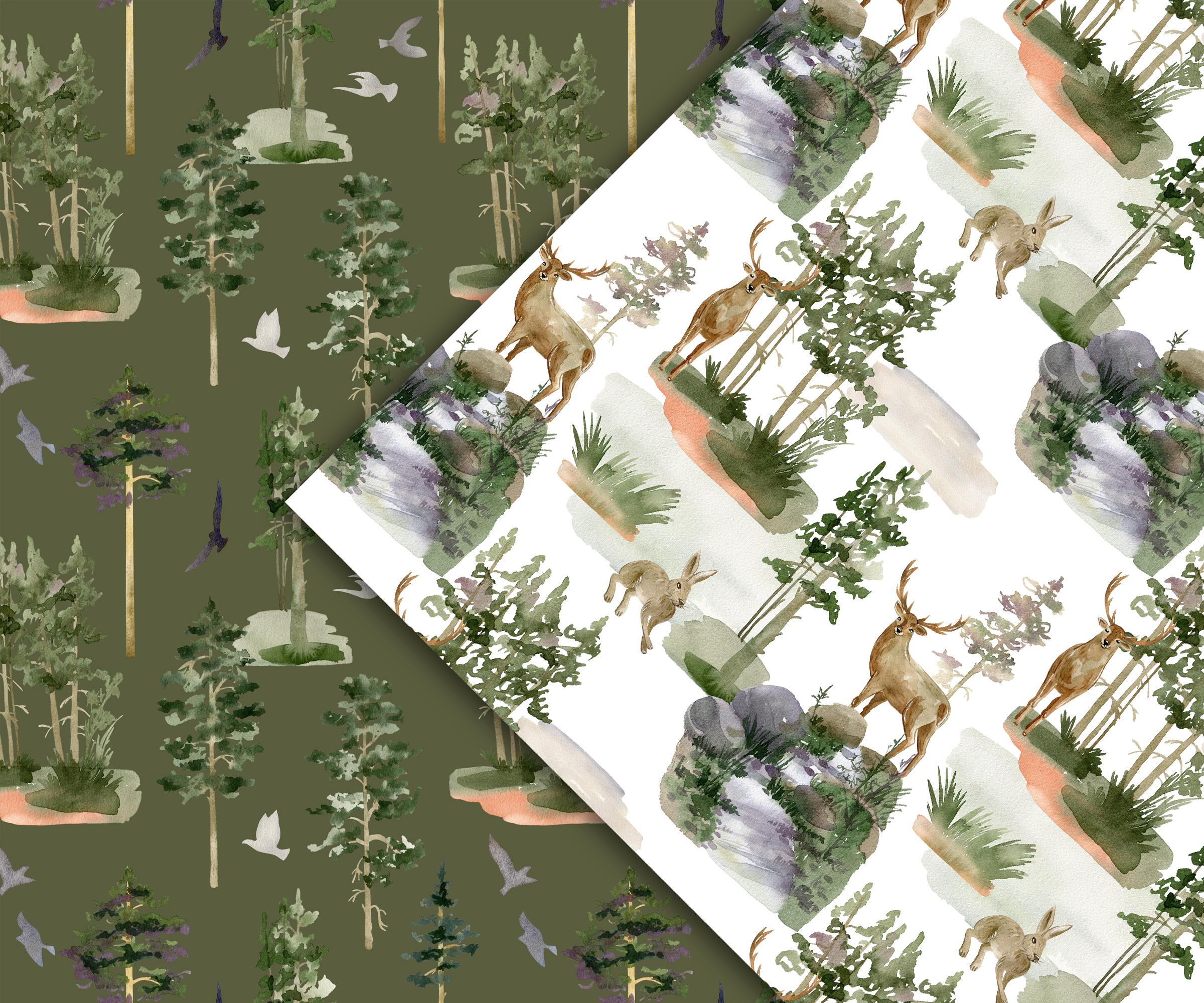 Watercolor Forest Papers, Animals Scrapbook Papers, Seamless Patterns ...