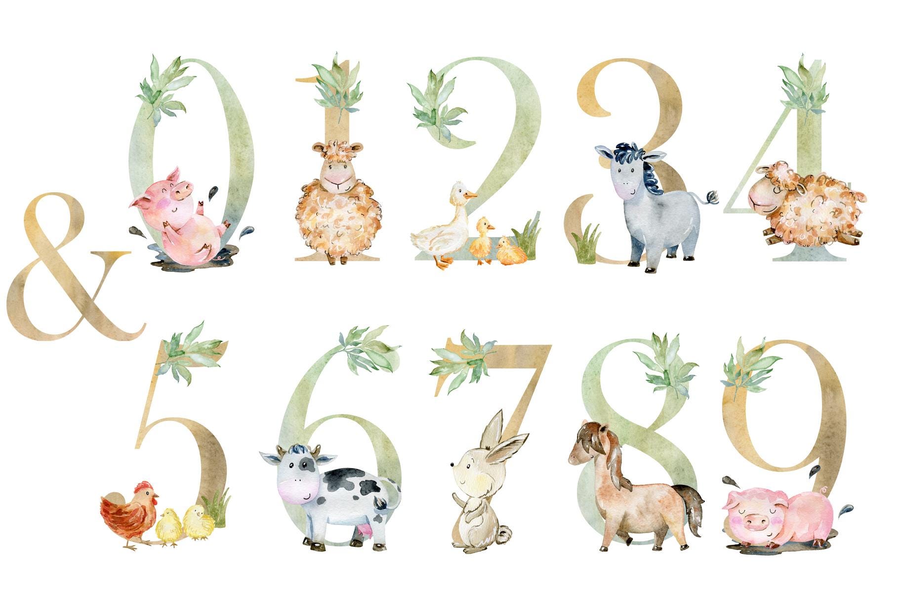 Watercolor Farm Animals Alphabet, Cute Letters and Numbers Clipart ...