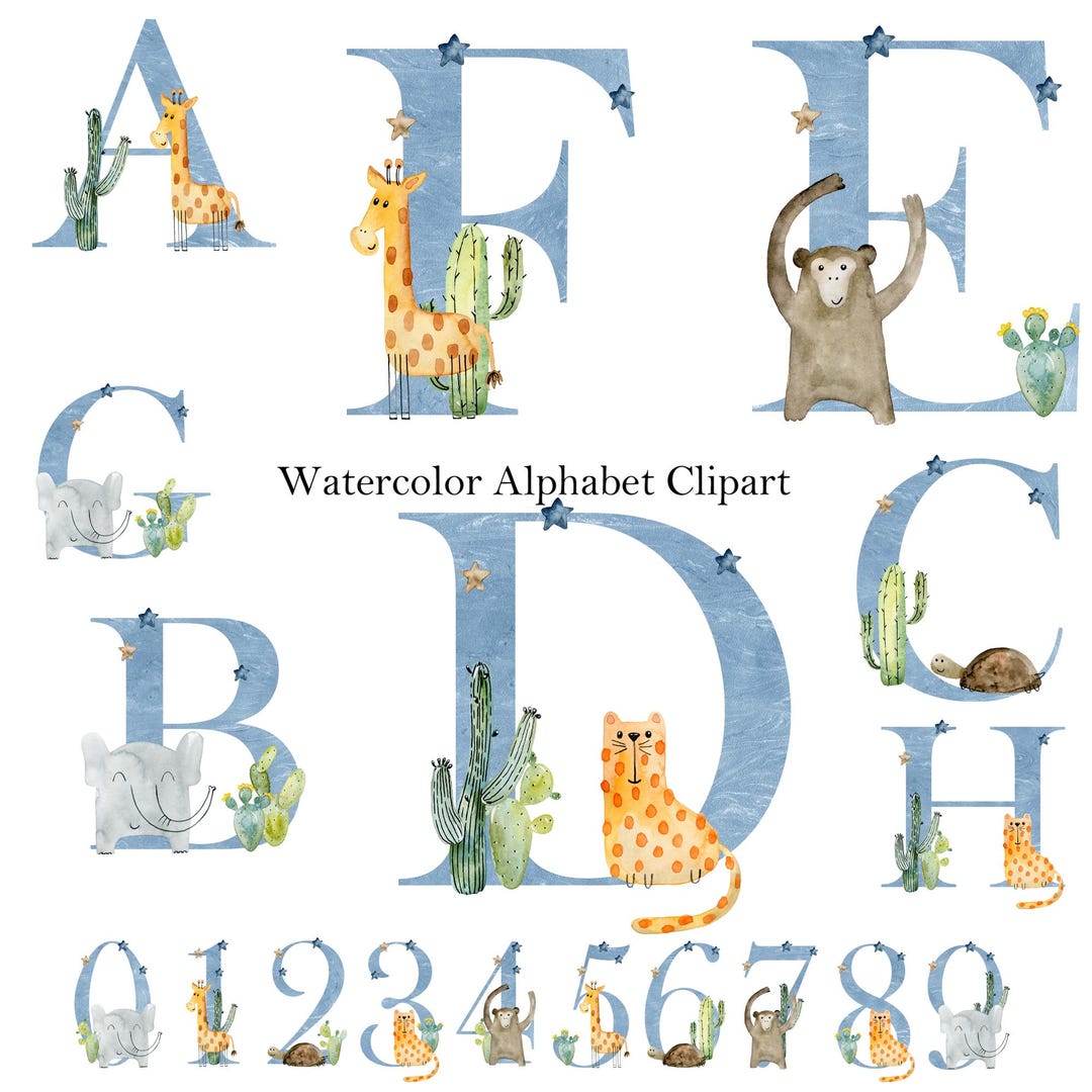 Watercolor Safari Animals Alphabet Clipart, Blue Letters and Numbers ...