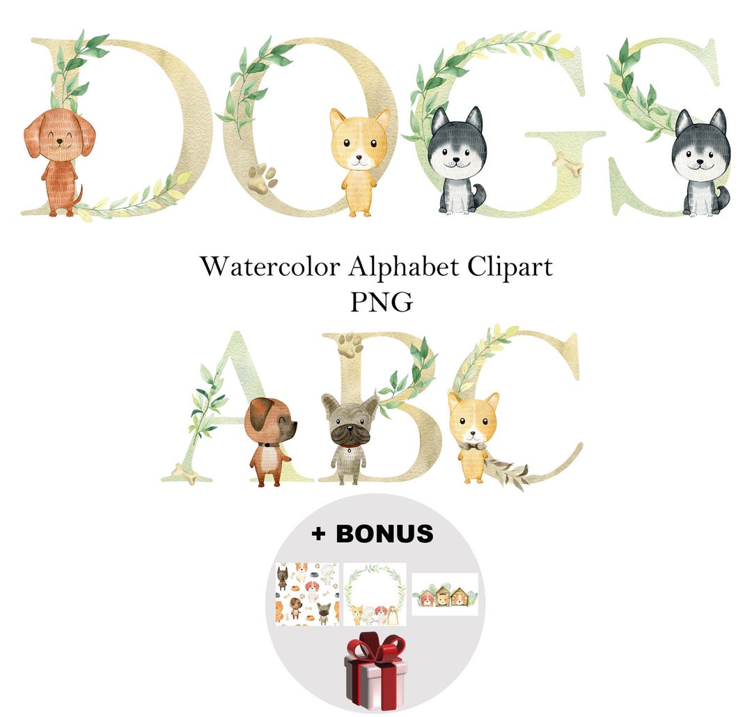 Watercolor Dogs Alphabet Clipart, Letters and Numbers, Digital Alphabet ...