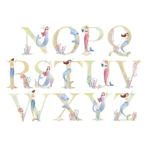 Watercolor Mermaids Alphabet, Letters and Numbers Clipart, Watercolor ...