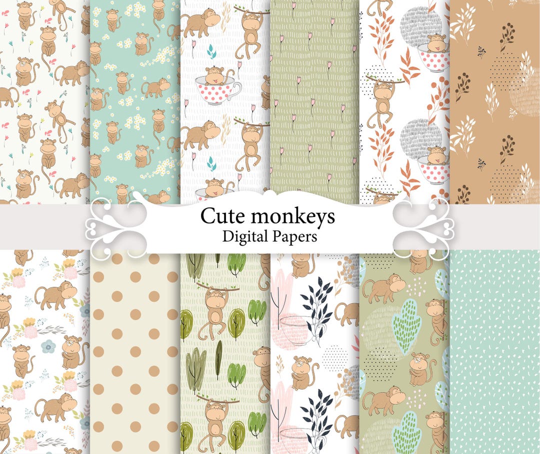 Cute Monkeys, Baby Paper Pack, Seamless Patterns, Nursery Art. - Etsy
