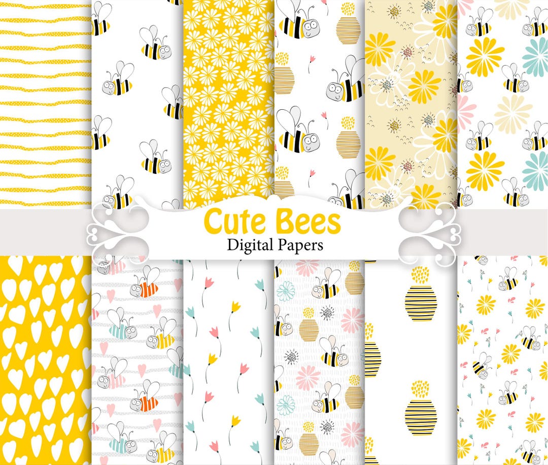 Cute Bee Papers, Baby Seamless Patterns, Kids Scrapbook Papers, Yellow ...