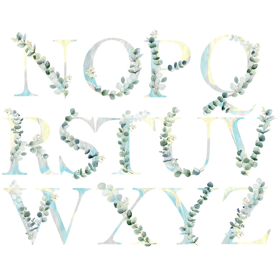 Watercolor Floral Alphabet Clipart: Eucalyptus Letters, Numbers (PNG ...