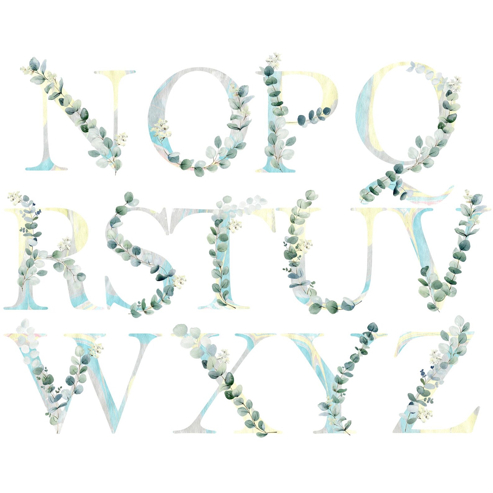 Watercolor Floral Alphabet Clipart: Eucalyptus Letters, Numbers (PNG ...