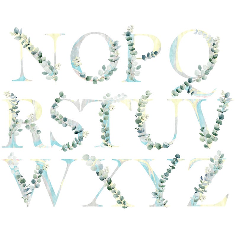Watercolor Floral Alphabet Clipart: Eucalyptus Letters, Numbers (PNG ...