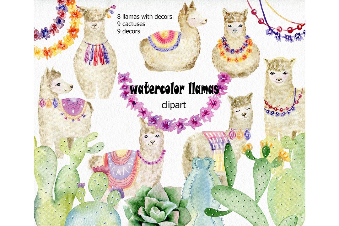 Watercolor Llamas Clipart, Kids Nursery Art, Cactus, Png, Transparent ...