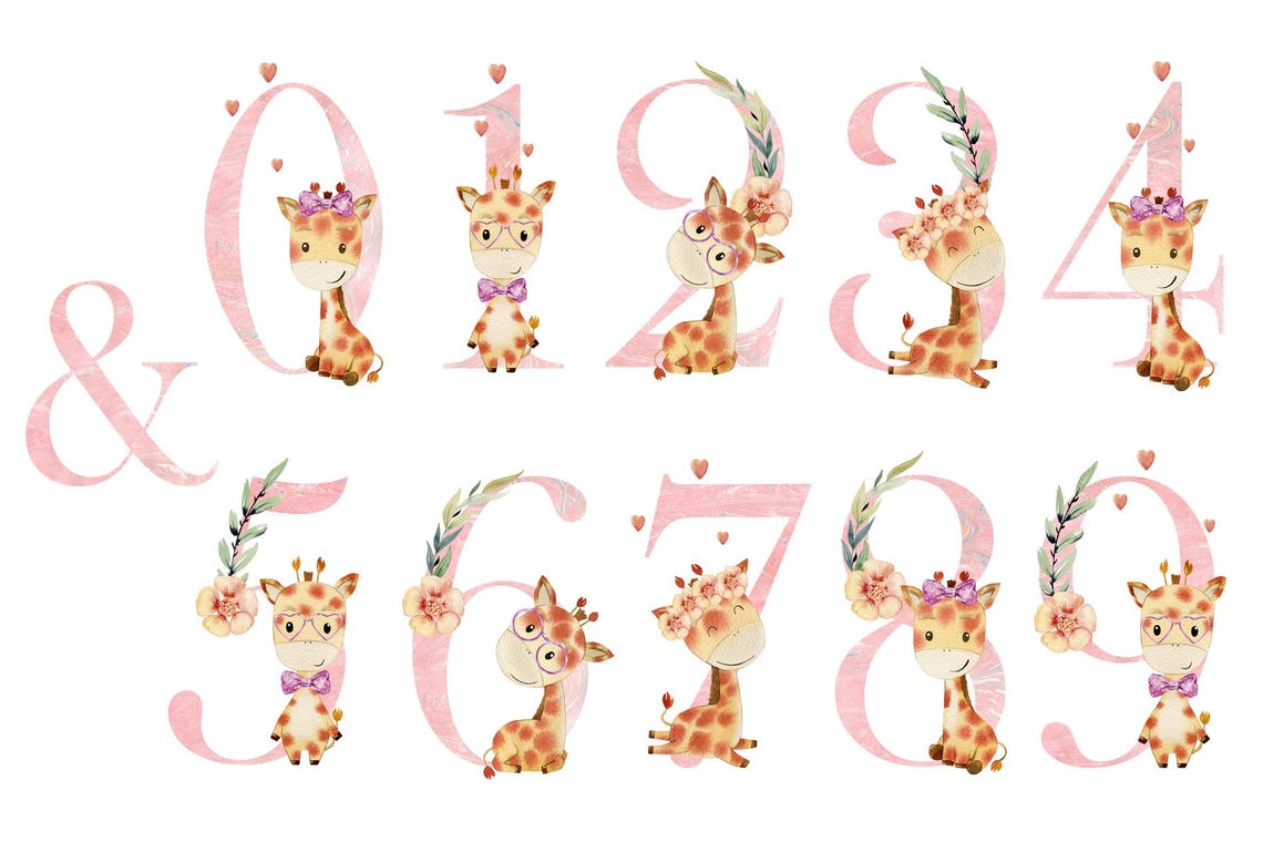 Watercolor Giraffes Alphabet for Girl, Letters and Numbers Clipart ...