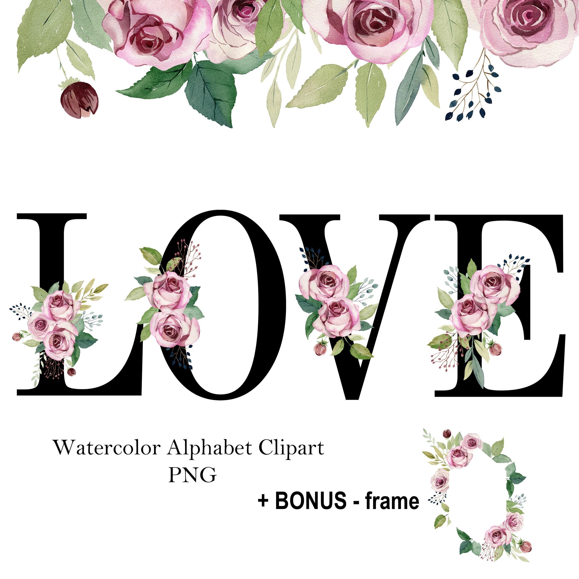 Watercolor Floral Alphabet Clipart PNG, Black Letters and Numbers With ...