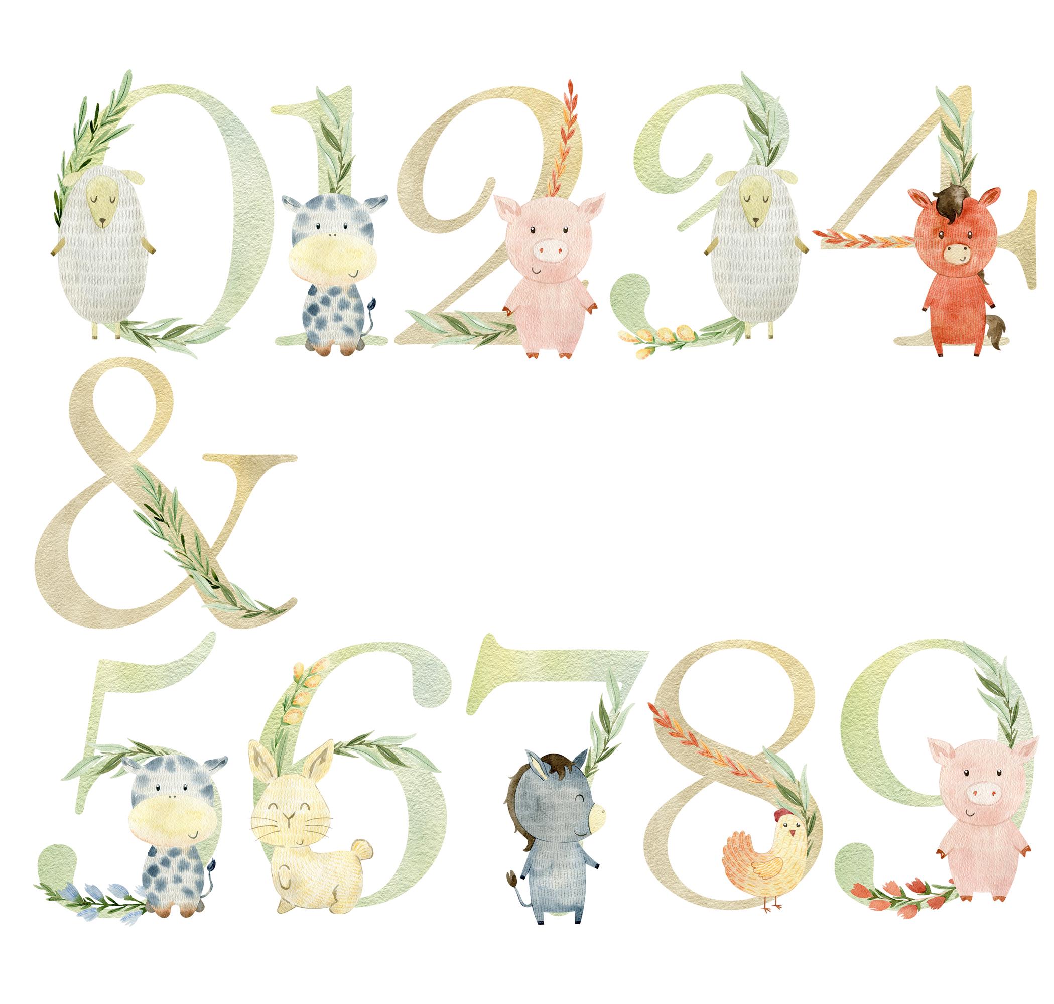 Watercolor Farm Animals Alphabet Clipart, Letters & Numbers PNG With ...