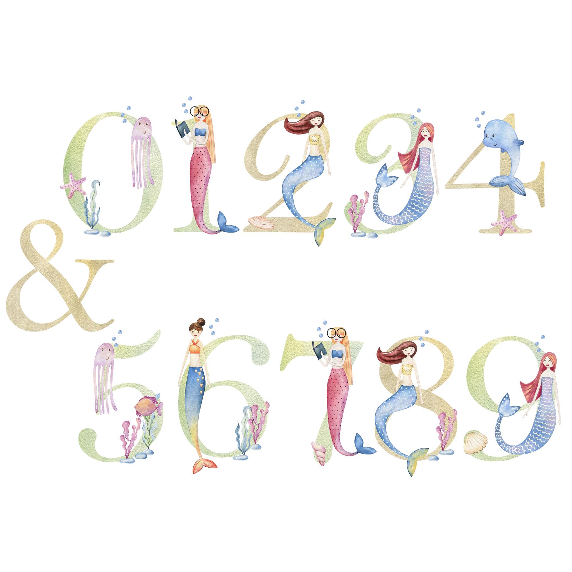 Watercolor Mermaids Alphabet, Letters and Numbers Clipart, Watercolor ...