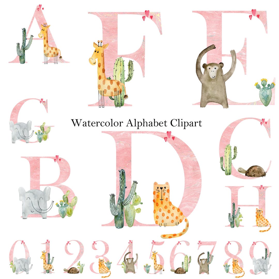 Watercolor Safari Animals Alphabet Clipart, Pink Letters and Numbers ...