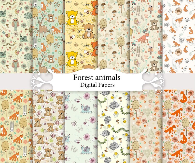 Cute Forest Animals, Digital Seamless Patterns, Bear, Fox, Deer. - Etsy