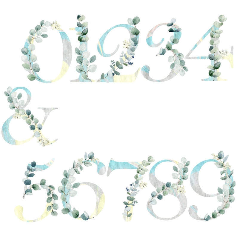 Watercolor Floral Alphabet Clipart, Eucalyptus Leaves Letters & Numbers ...