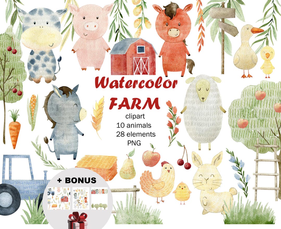 Watercolor Farm Animals, Kids Clipart. - Etsy