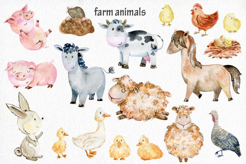 Watercolor Farm Animals Clipart, Kids PNG Illustrations, Nursery Art ...