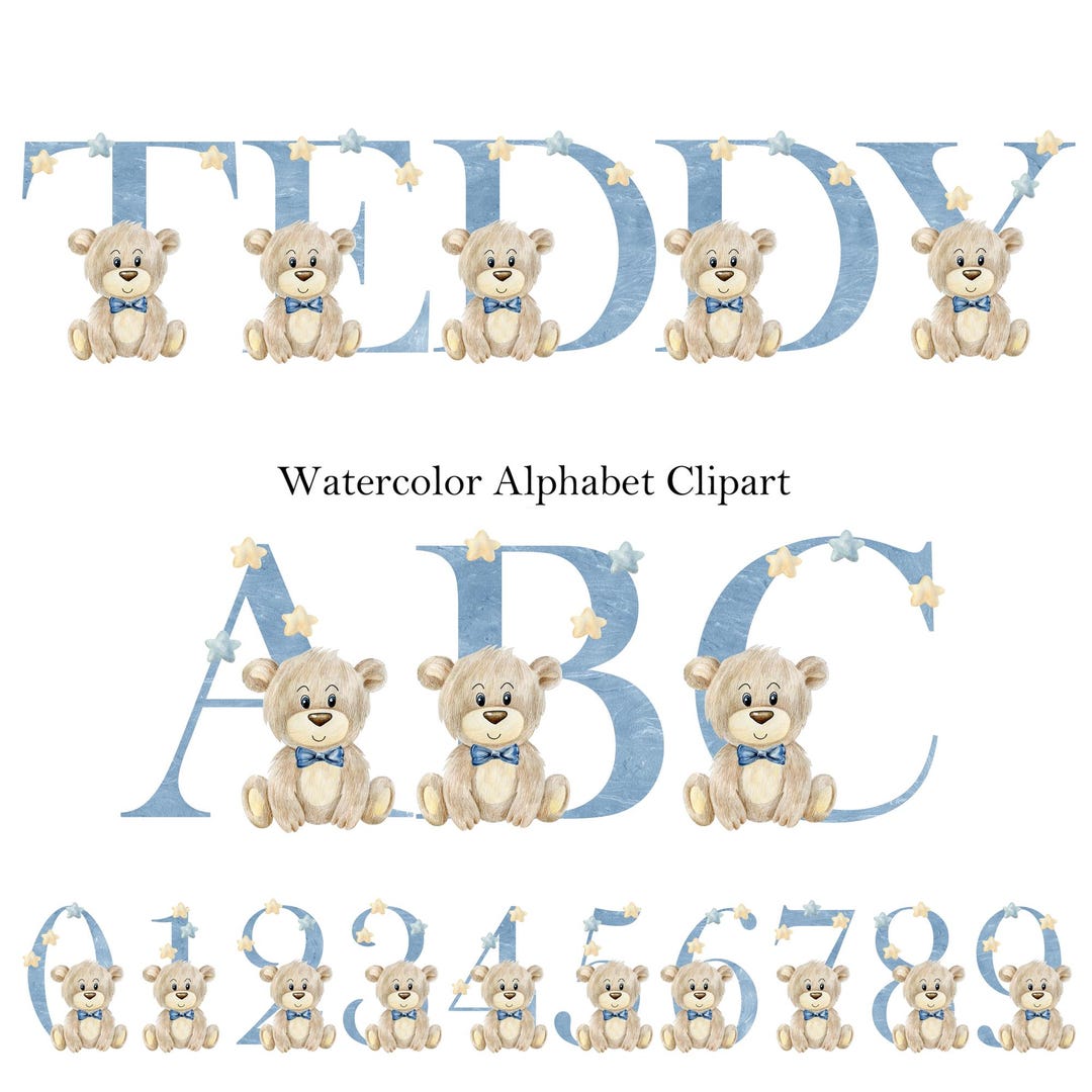 Teddy Bear Watercolor Alphabet Clipart, ABC Letters and Numbers PNG ...
