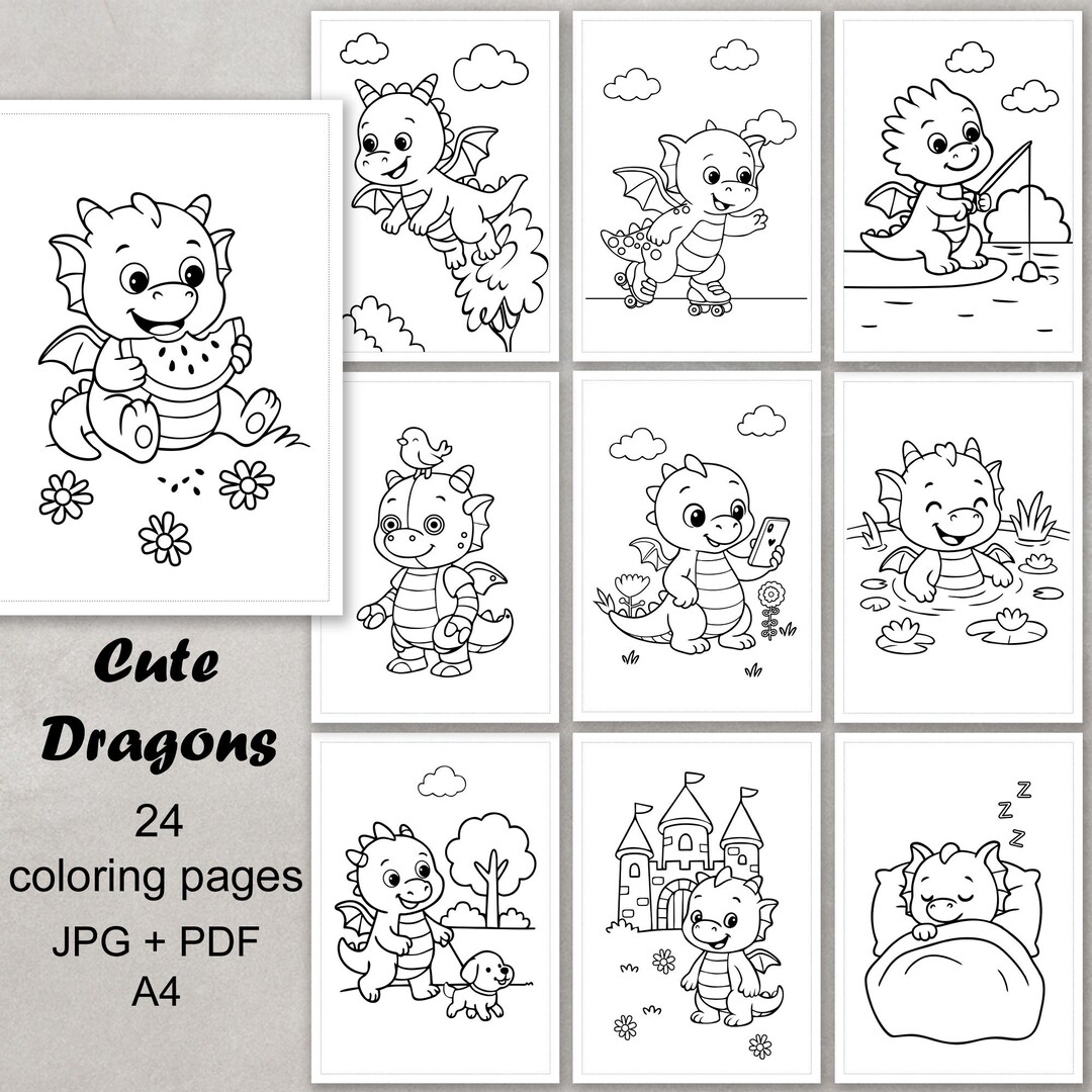 24 Cute Cartoon Dragons Coloring Book Pages, Printable Kindergarten ...