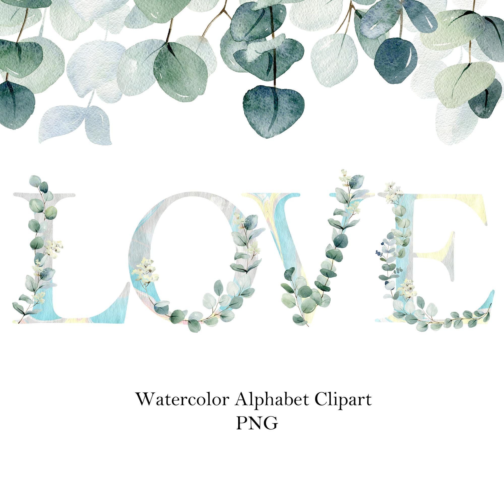 Watercolor Floral Alphabet Clipart, Eucalyptus Leaves Letters & Numbers PNG for Monogram Art ...
