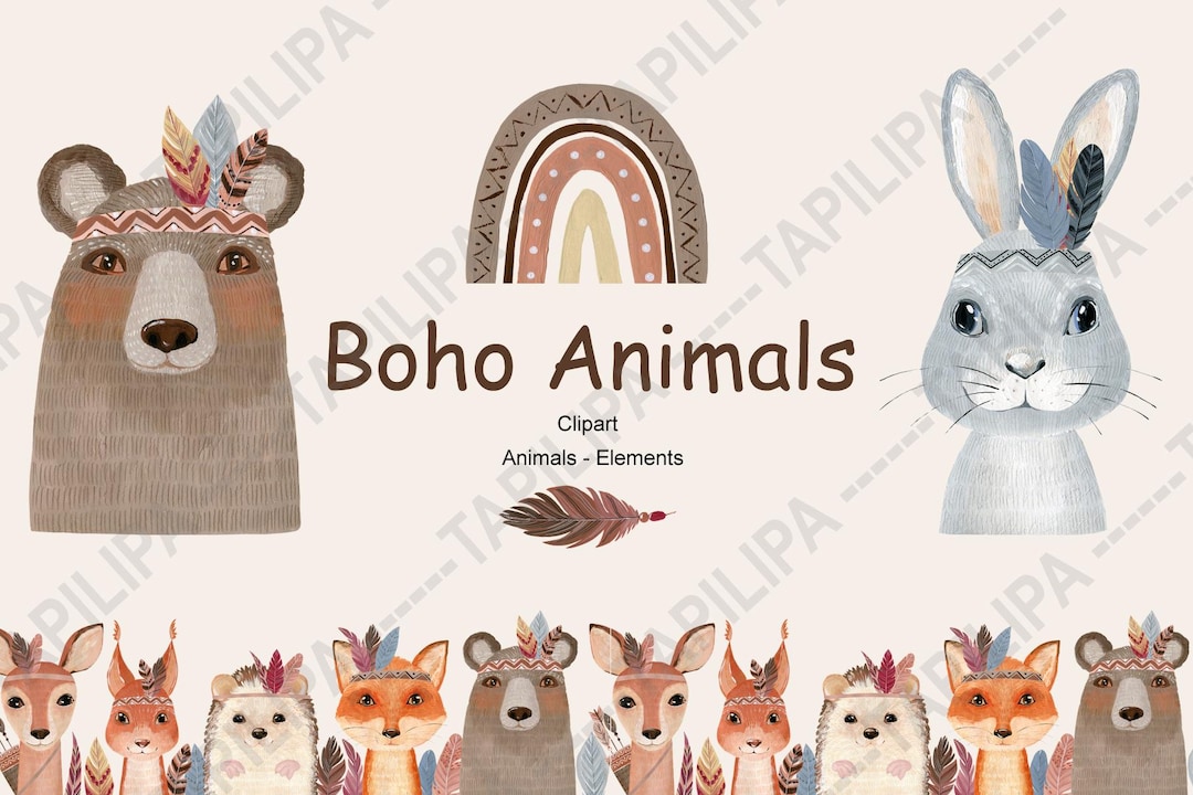 Watercolor Boho Animals Clipart, Kids Nursery Art, Woodland Animals ...