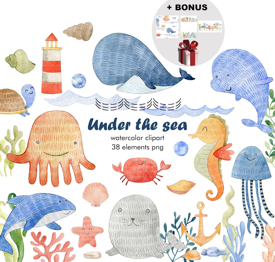 Watercolor Sea Animals, Kids Clipart, Dolphin, Whale, Octopus. - Etsy