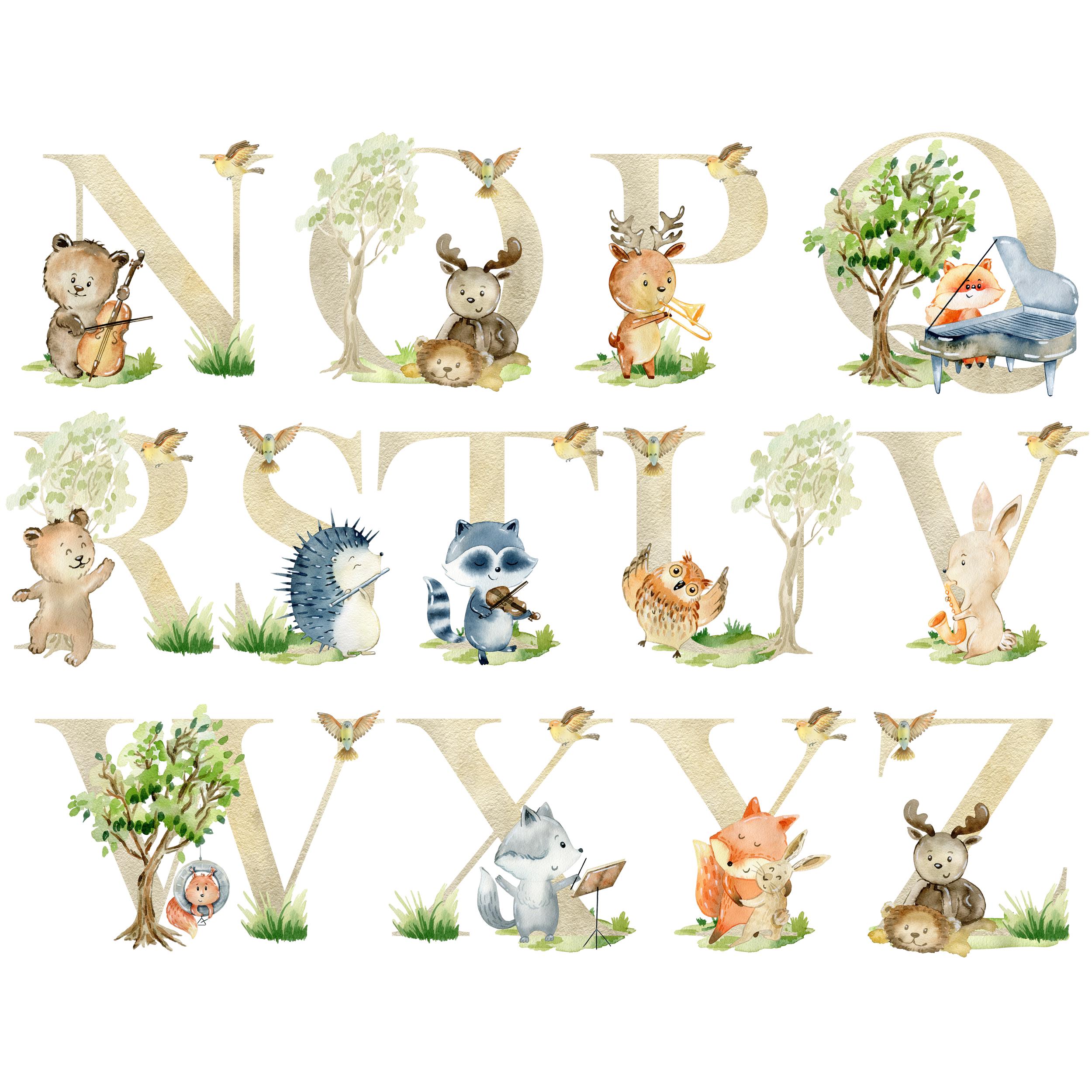 Watercolor Forest Animals Alphabet Clipart: Musical Letters & Numbers ...