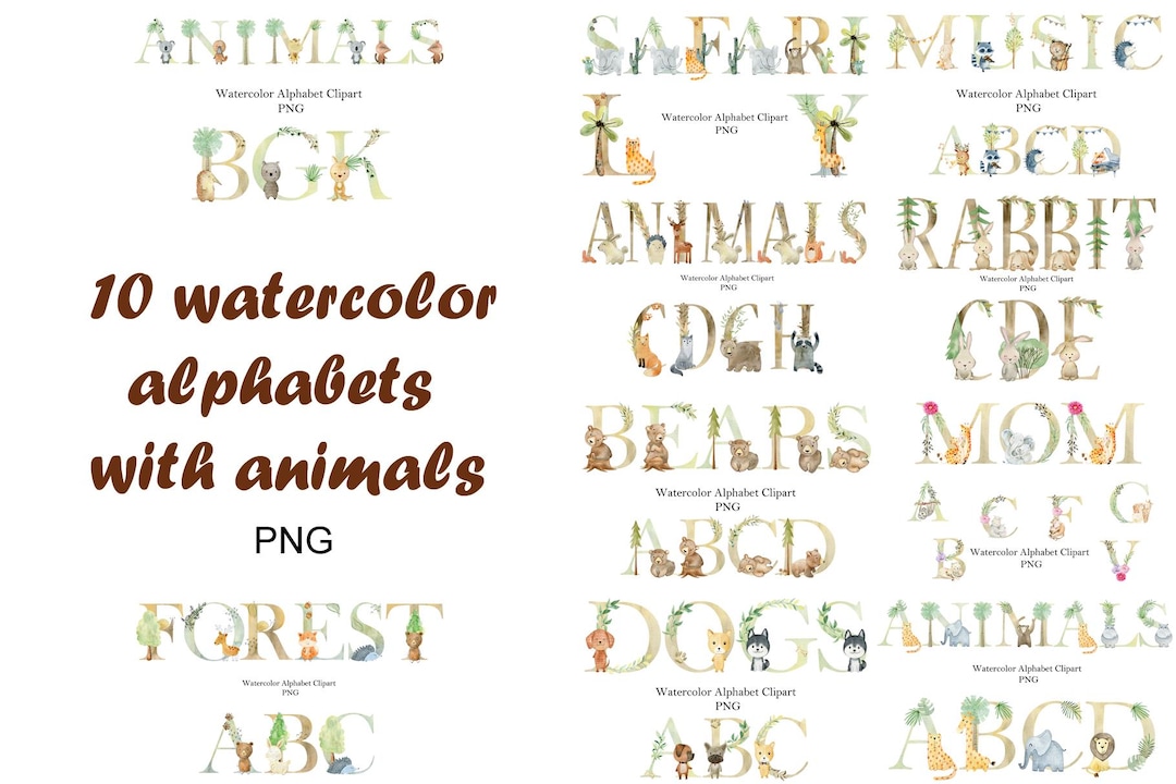 Watercolor Animals Alphabet Clipart, Letters and Numbers Bundle, Bears ...