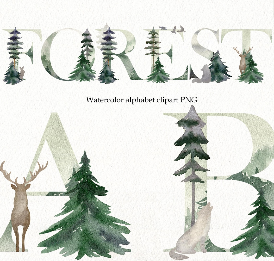 Watercolor Forest Alphabet, Letters & Numbers, Clipart Png. - Etsy