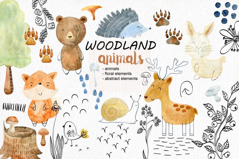 Watercolor Forest Animals Clipart, Kids Nursery Art, Leaves, Mushroom ...